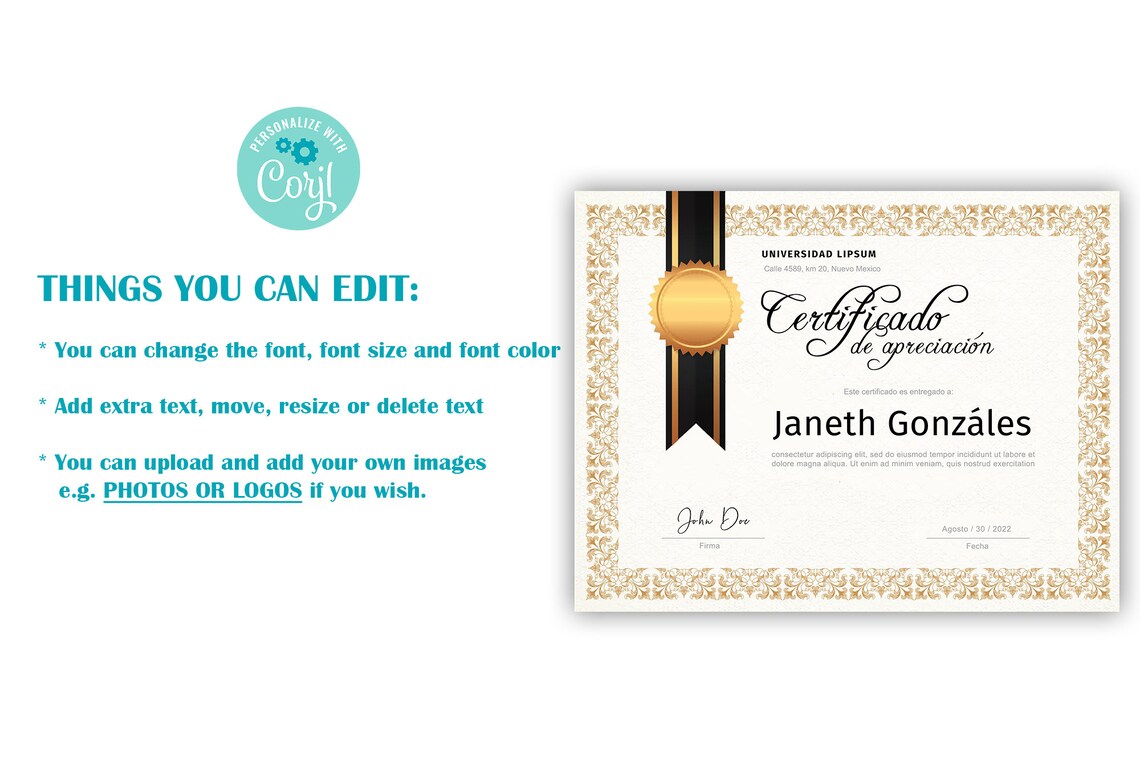Certificado De Apreciación EDITABLE Elegant Design School Office Award ...