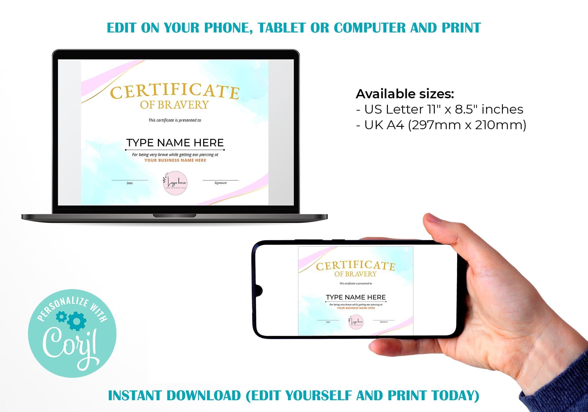 Certificate of Bravery, Editable Bravery Award Certificate Template for ...