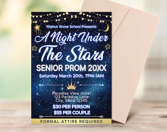 Editable A Night Under the Stars Prom Flyer and Ticket Bundle, School Dance Prom Set, Starry ...
