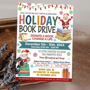Editable Holiday Book Drive Flyer Template, Winter Charity School ...