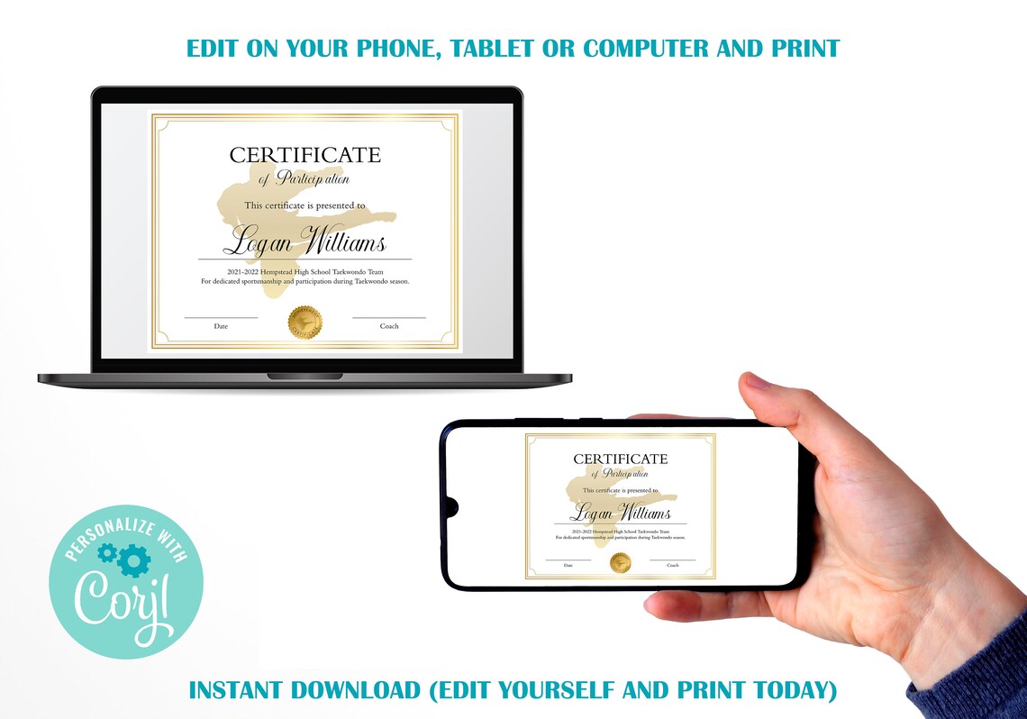 Editable Taekwondo Certificate Template, DIY Tae Kwon Do Participation ...