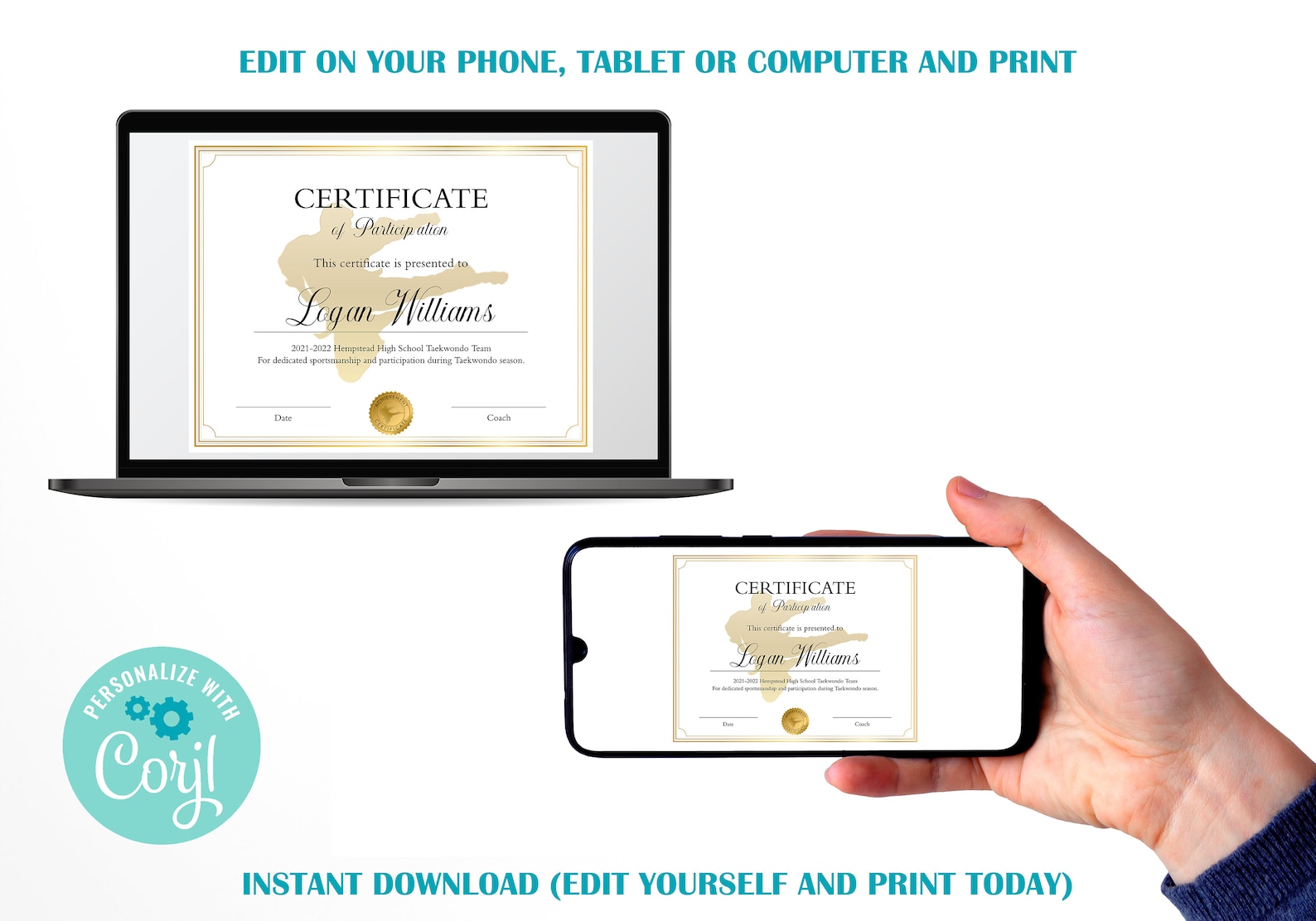 Editable Taekwondo Certificate Template, DIY Tae Kwon Do Participation ...
