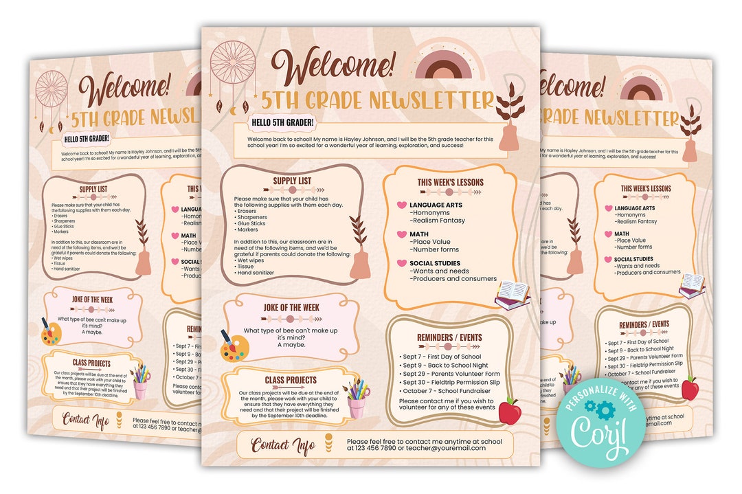 Back to School Newsletter Template for Teacher, Boho Back to School ...