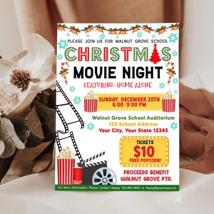 Christmas Movie Night Flyer Template, Fundraiser Event Poster, Holiday ...
