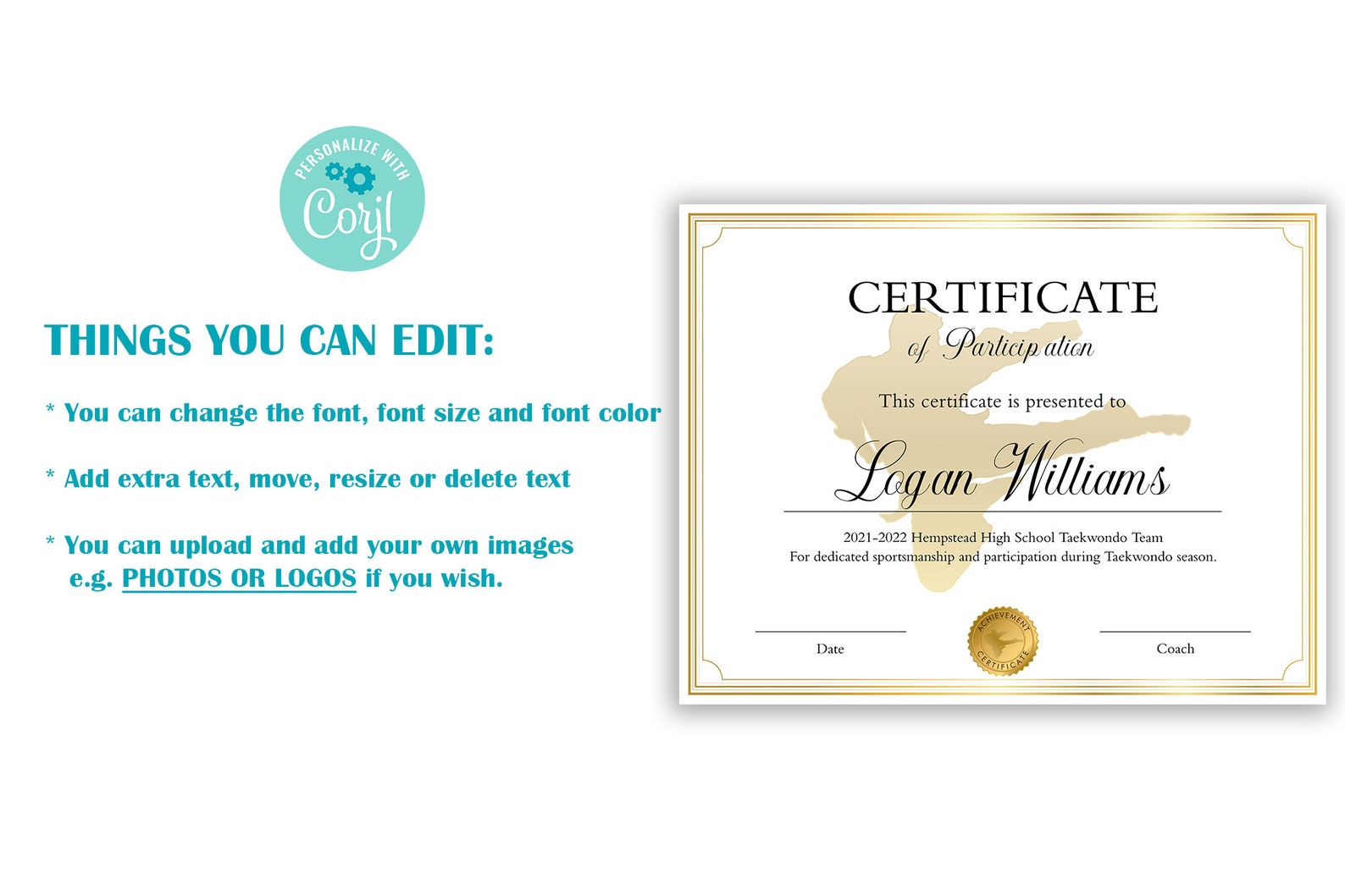 Editable Taekwondo Certificate Template, DIY Tae Kwon Do Participation ...