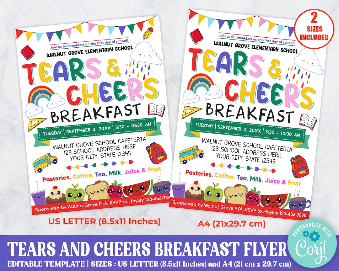 Editable Tears and Cheers Breakfast Flyer Invitation, Back to School ...