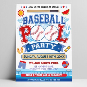 Baseball Pool Party Party, End of Season Pool Party Invite, Baseball ...