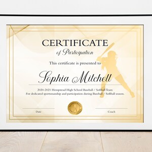 Gold Girls Softball Certificate Template, Softball Participation Award ...