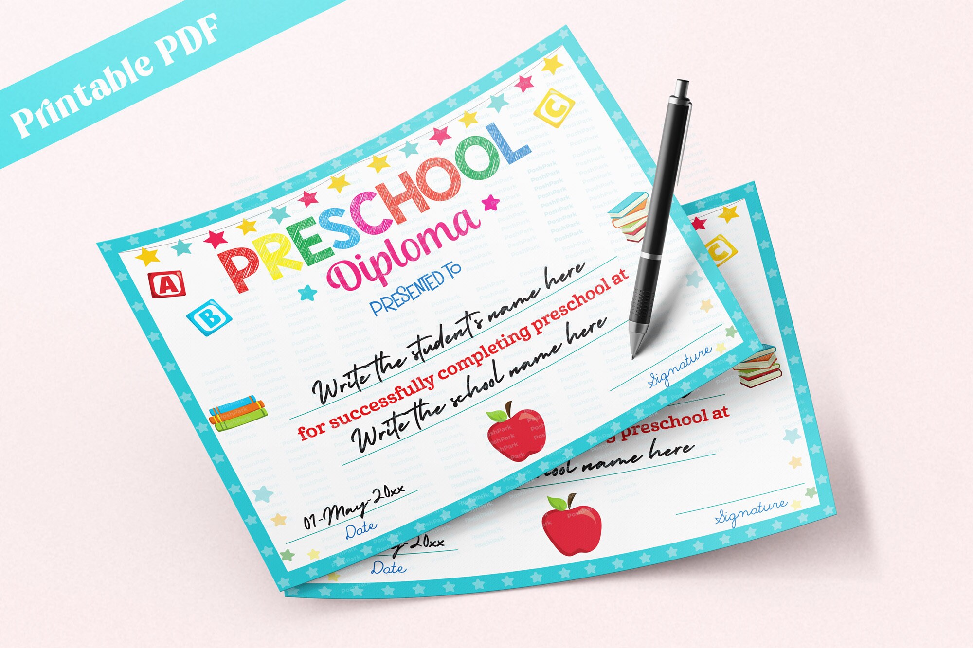 Printable PDF Preschool Certificate Template Blue Border - Etsy