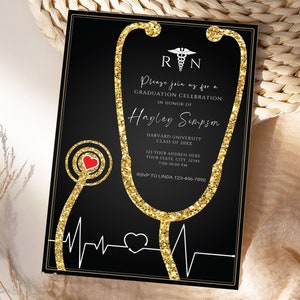 Nurse Graduation Invitation Black and Gold, Nursing Grad Invite ...