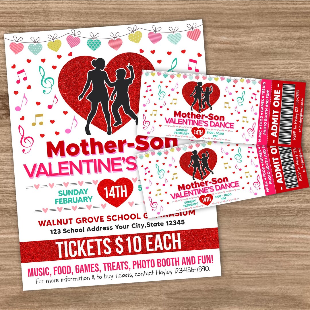 Editable Mother and Son Valentine's Day Dance Ticket and Flyer Template ...