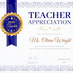 Editable Teacher Appreciation Award Certificate Template Set of 10 ...