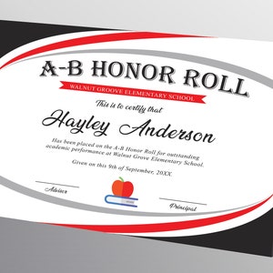 Editable AB Honor Roll Certificate Template, Red Black School Award ...