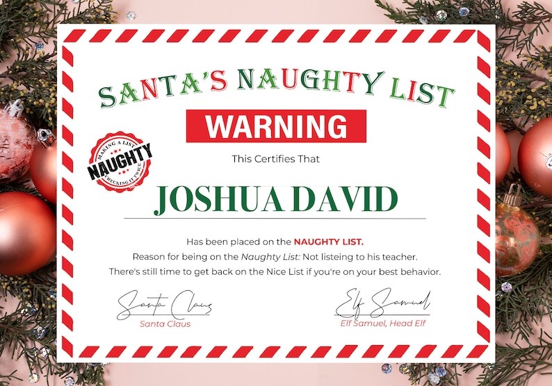 Editable Santa Warning Letter, Printable Santa Naughty List Certificate ...