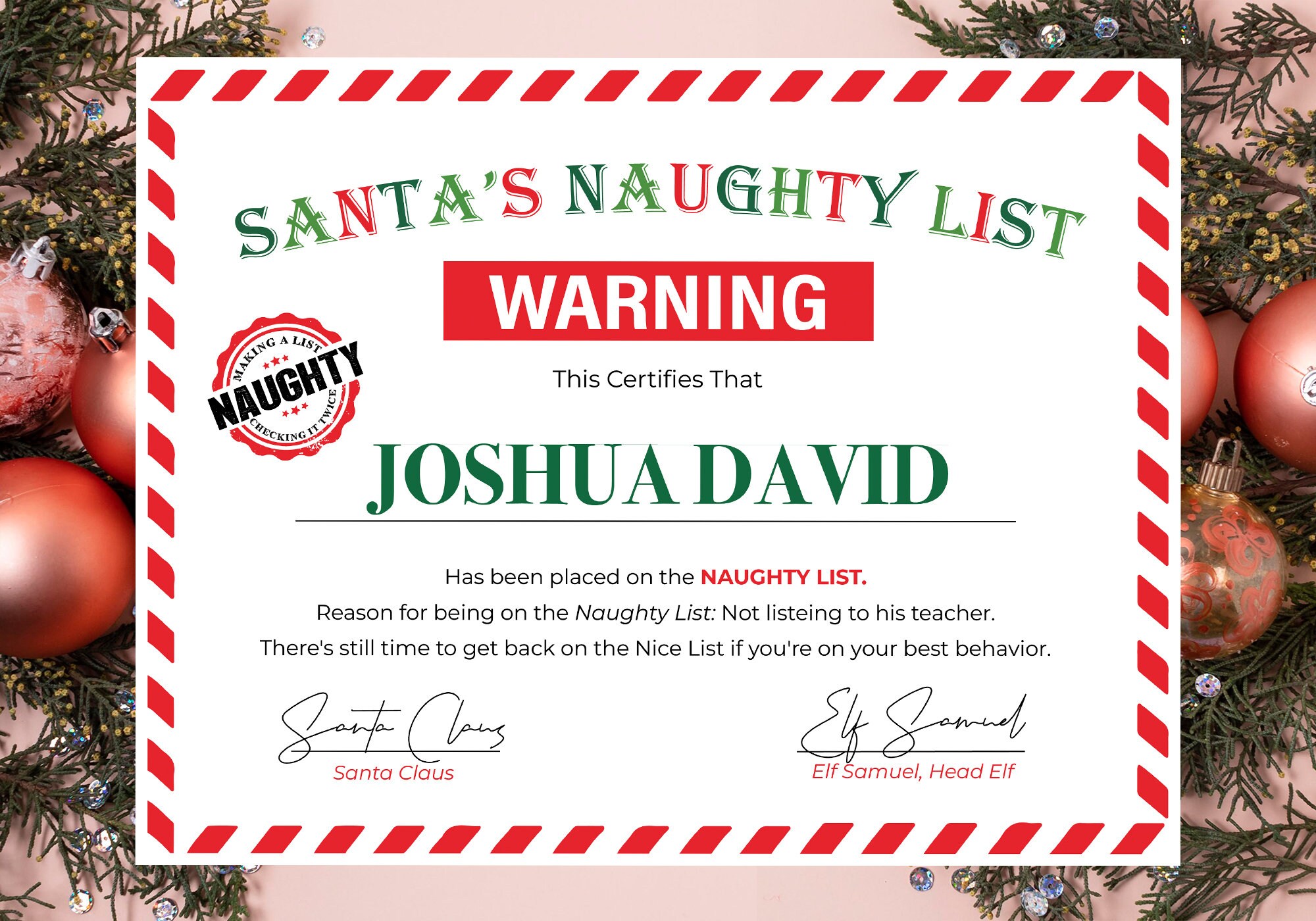 Editable Santa Warning Letter, Printable Santa Naughty List Certificate ...