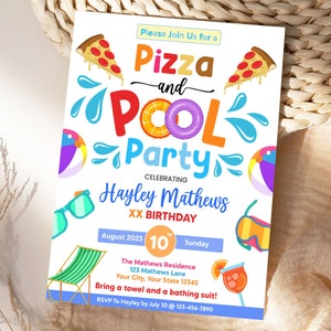 Editable Pizza and Pool Party Invitation, End of School Party, Summer ...
