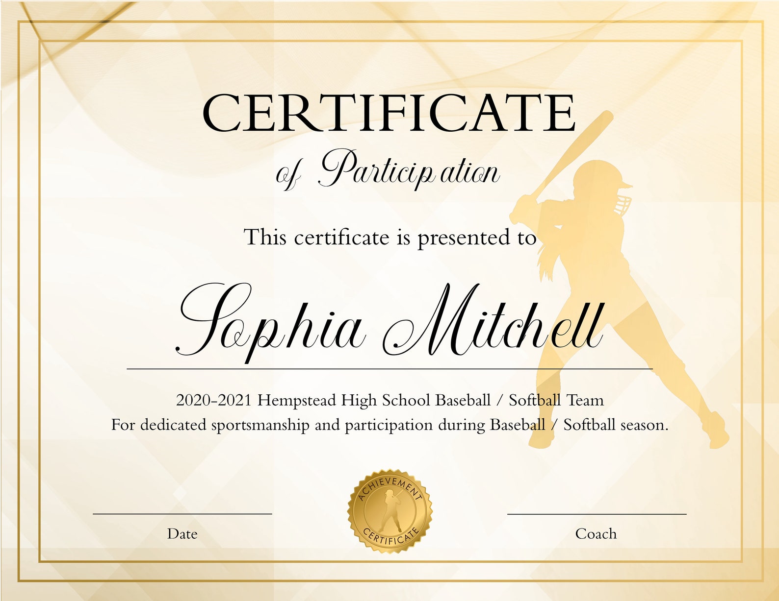 Gold Girls Softball Certificate Template, Softball Participation Award ...
