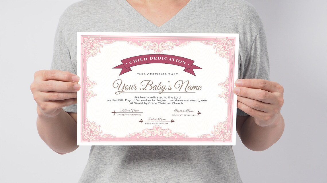 EDITABLE Pink Baby Dedication Certificate Template, Girl Baby ...