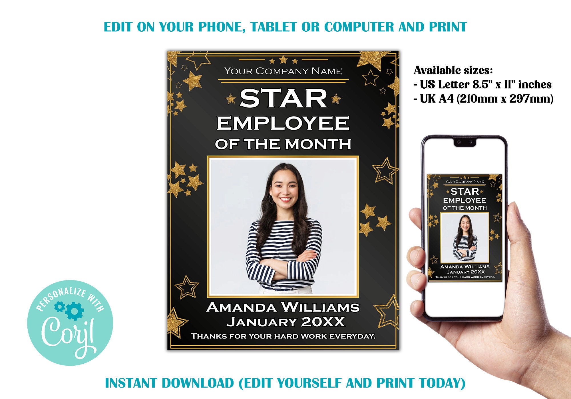 EDITABLE Star Employee of the Month Template | Printable Employees ...