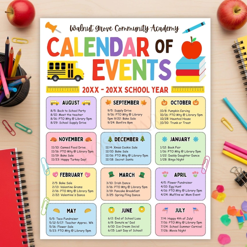 Editable PTA Calendar of Events Flyer Template | PTO Monthly Event ...