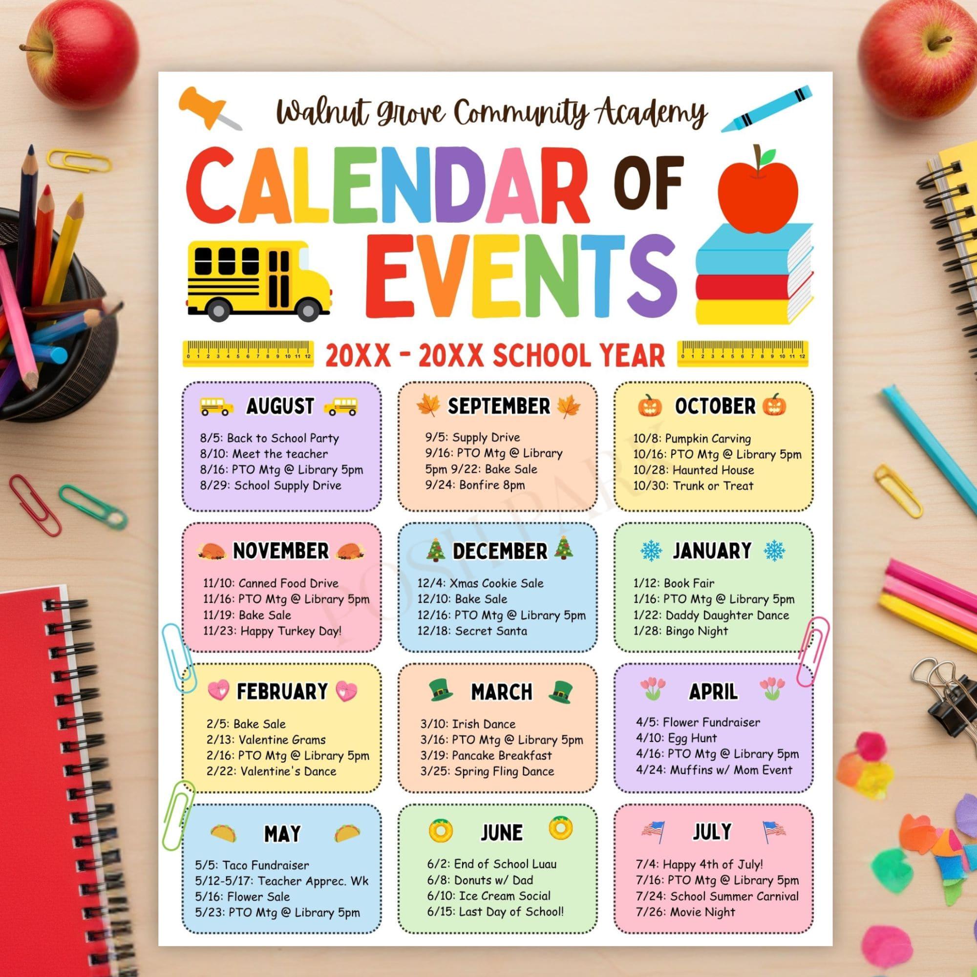 Editable PTA Calendar of Events Flyer Template | PTO Monthly Event ...