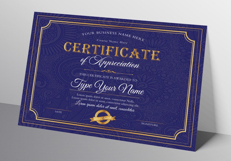 Editable Certificate of Appreciation Royal Blue and Gold - Etsy
