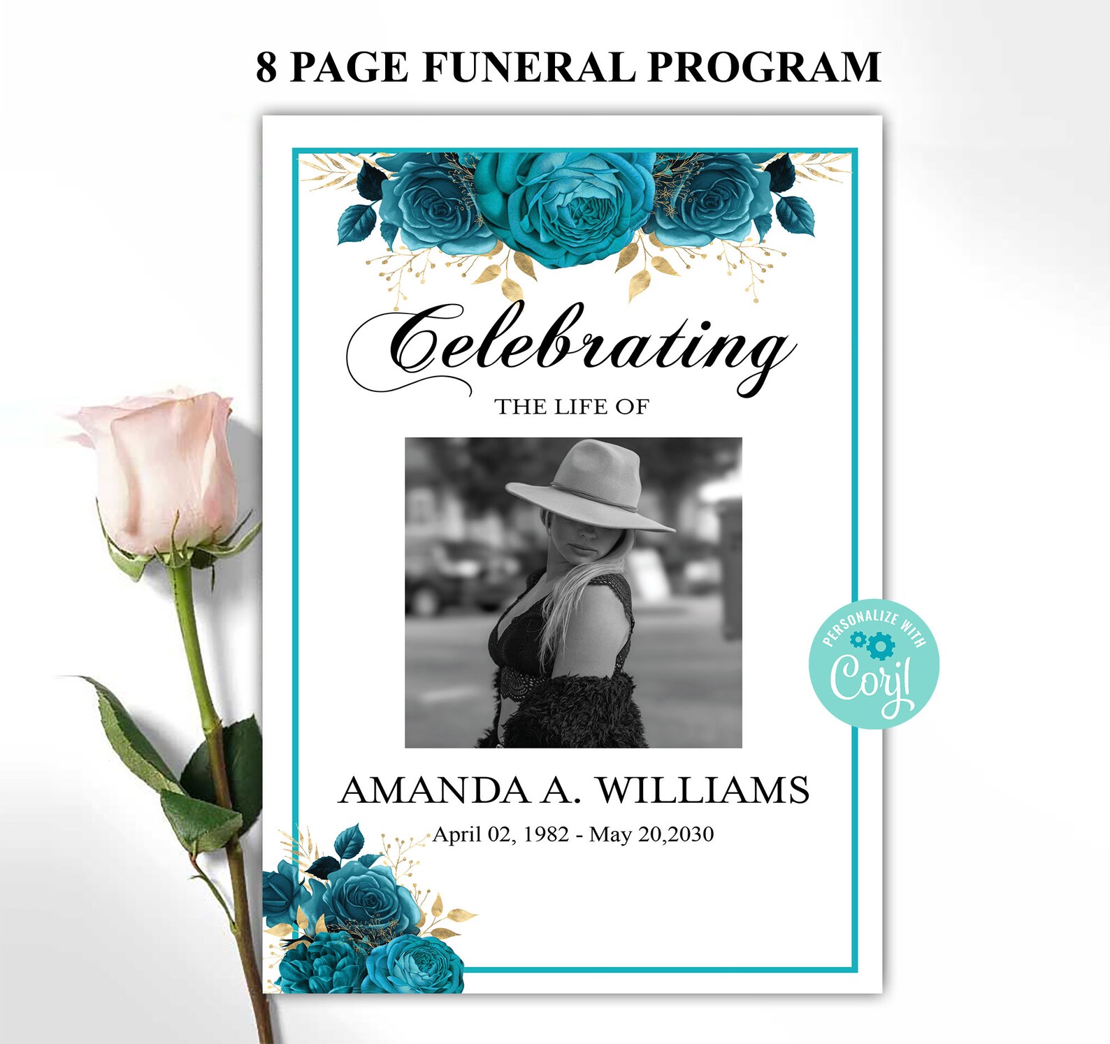 8 Page Turquoise Rose Funeral Program Template for Woman, Editable ...