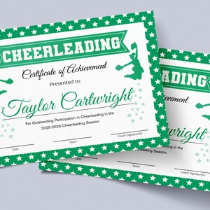 EDITABLE Cheerleader Certificate, Green DIY Cheerleading Award ...