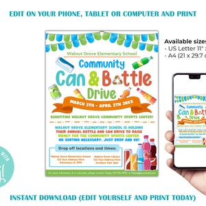 Editable Can and Bottle Drive Fundraiser Flyer, PTO PTA Family School ...