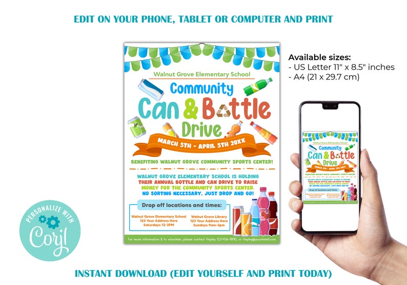 Editable Can and Bottle Drive Fundraiser Flyer, PTO PTA Family School ...