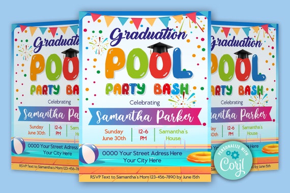 Pool Party Graduation Invitation, Kids Graduation Invites Pool Bash ...
