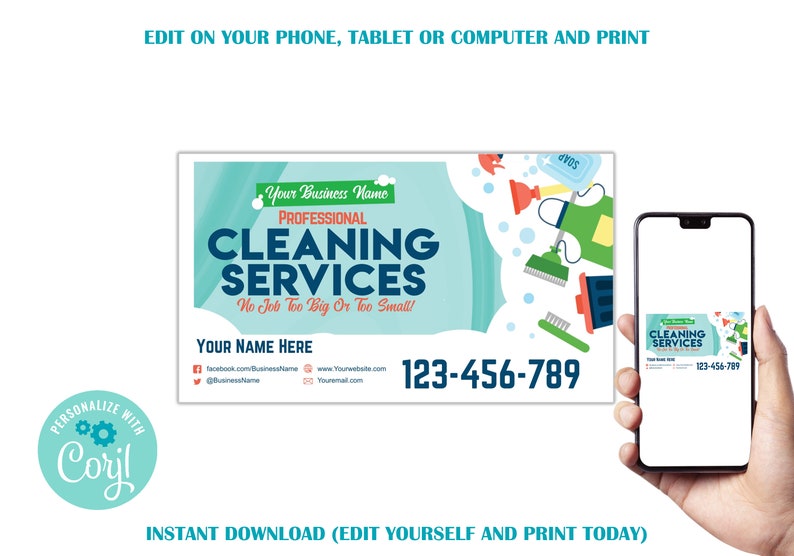Cleaning Services Business Card Template downloadable - Etsy