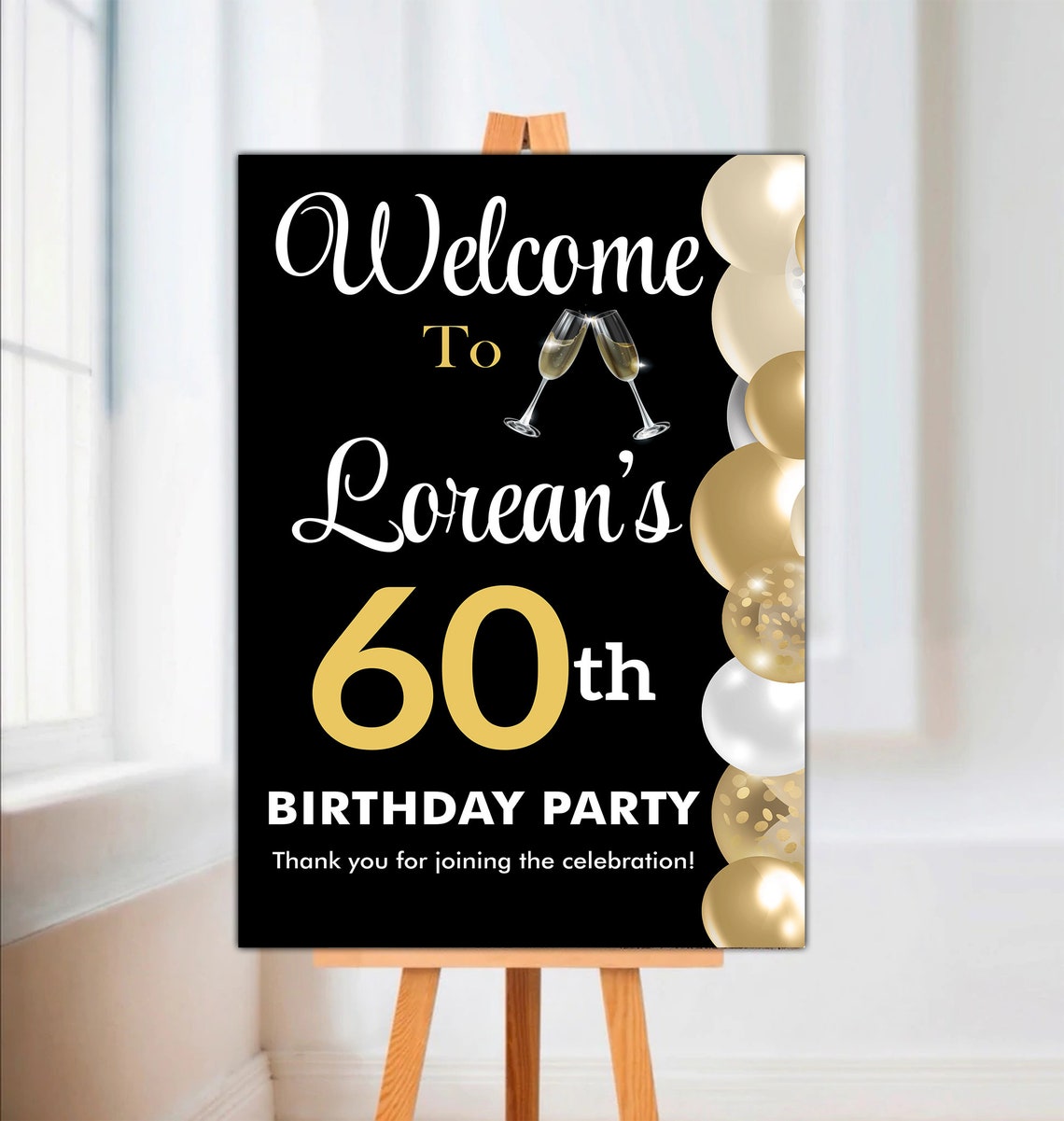 Black Gold 60th Birthday Welcome Sign, Minimalist Editable 60th ...