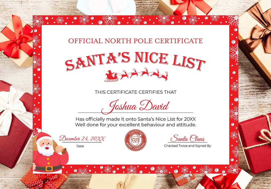 Downloadable Christmas Nice List Certificate From Santa, Red White ...