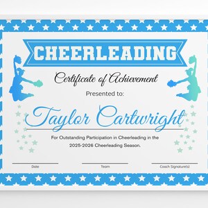 Editable Cheer Certificate Light Blue, Cheerleading Gifts Award ...