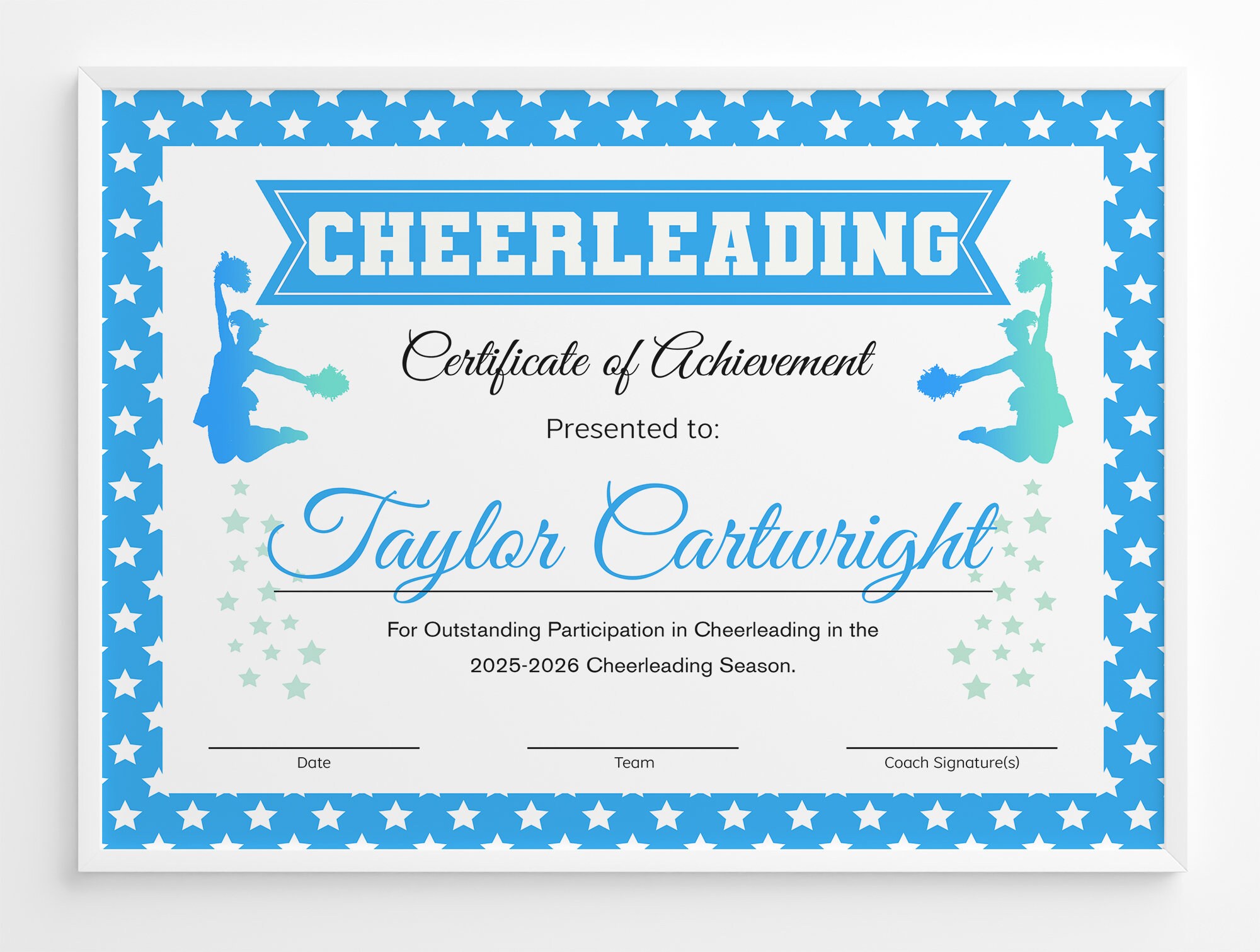 Editable Cheer Certificate Light Blue, Cheerleading Gifts Award ...