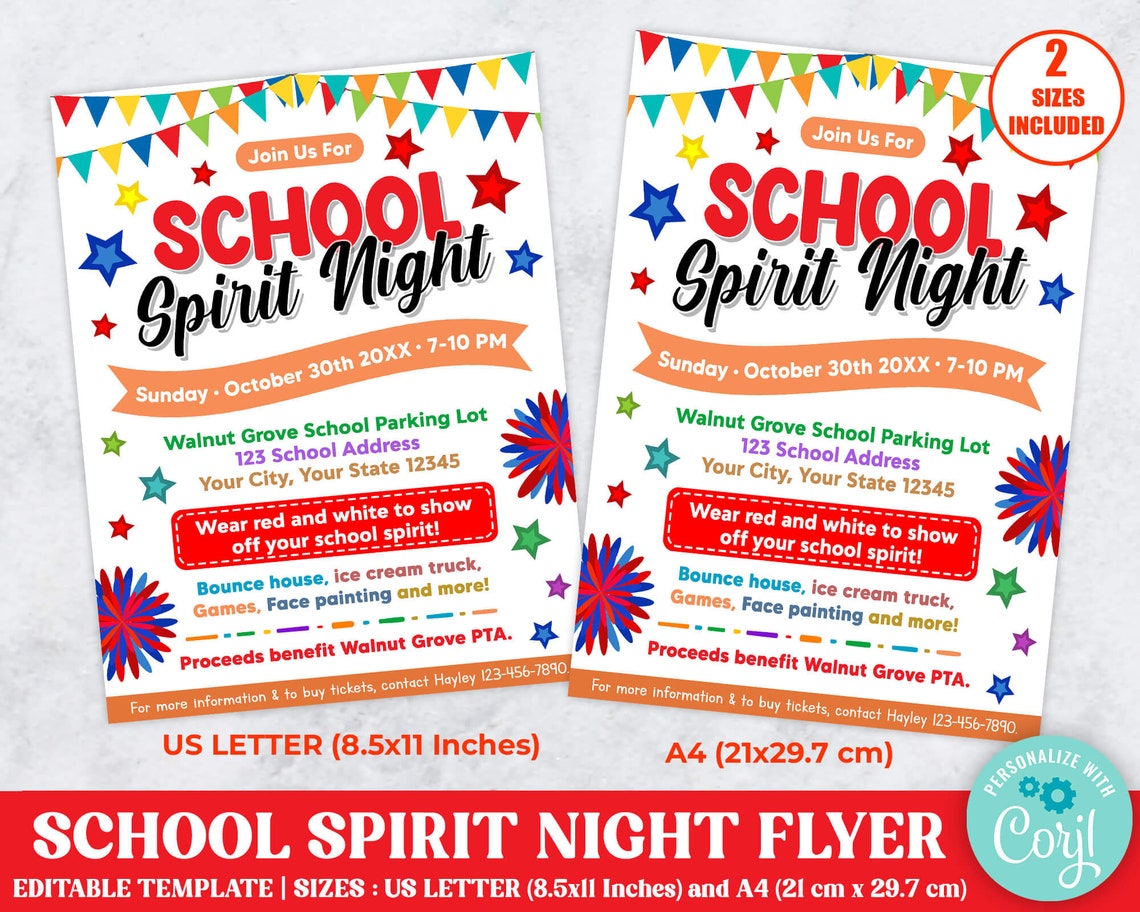 Editable School Spirit Flyer Template, School PTO PTA Fundraiser Event ...