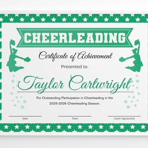 EDITABLE Cheerleader Certificate, Green DIY Cheerleading Award ...