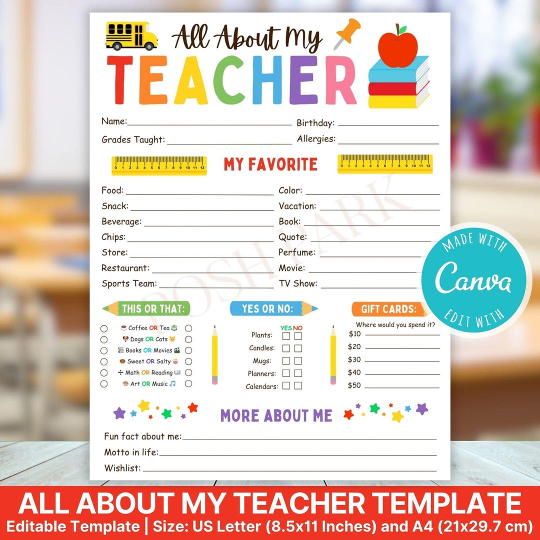 Editable All About My Teacher | Get to Know the Teacher Questionnaire ...