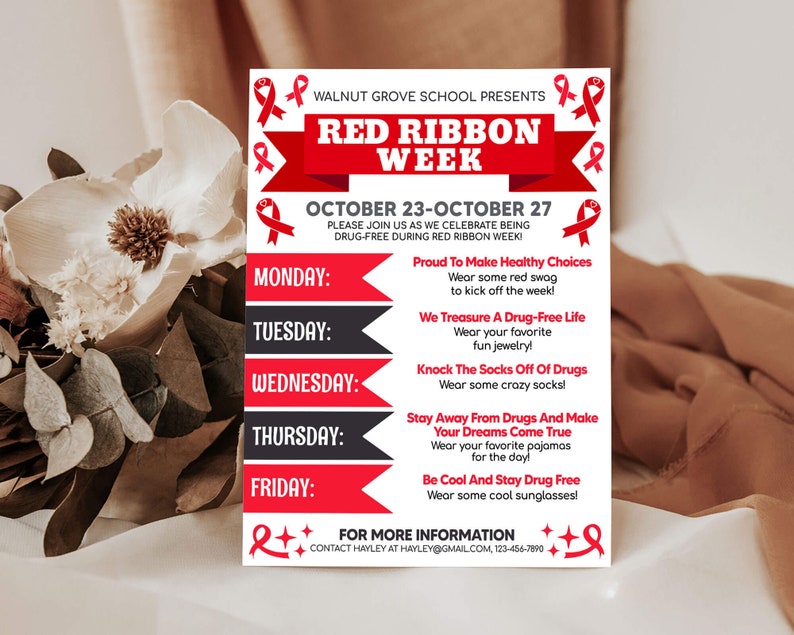 Editable Red Ribbon Week Itinerary Flyer, Drug Free Schools, School PTO ...