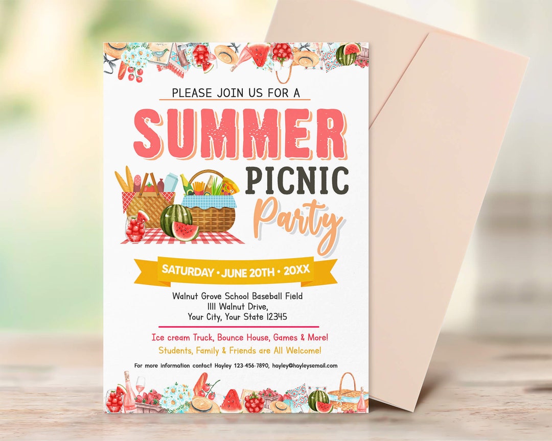 Editable Summer Picnic Party Invitation, School Summer Picnic Invite ...