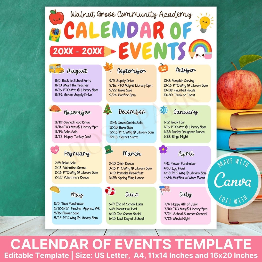 Editable Calendar of Events | School Events Calendar Flyer | PTA ...