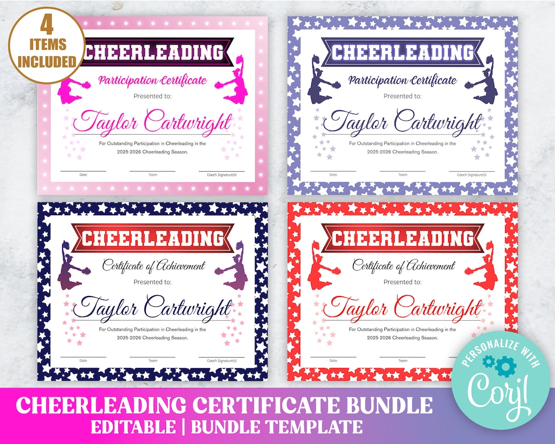 Editable Cheer Certificates Download Set of 4 Bundle, Cheerleader ...