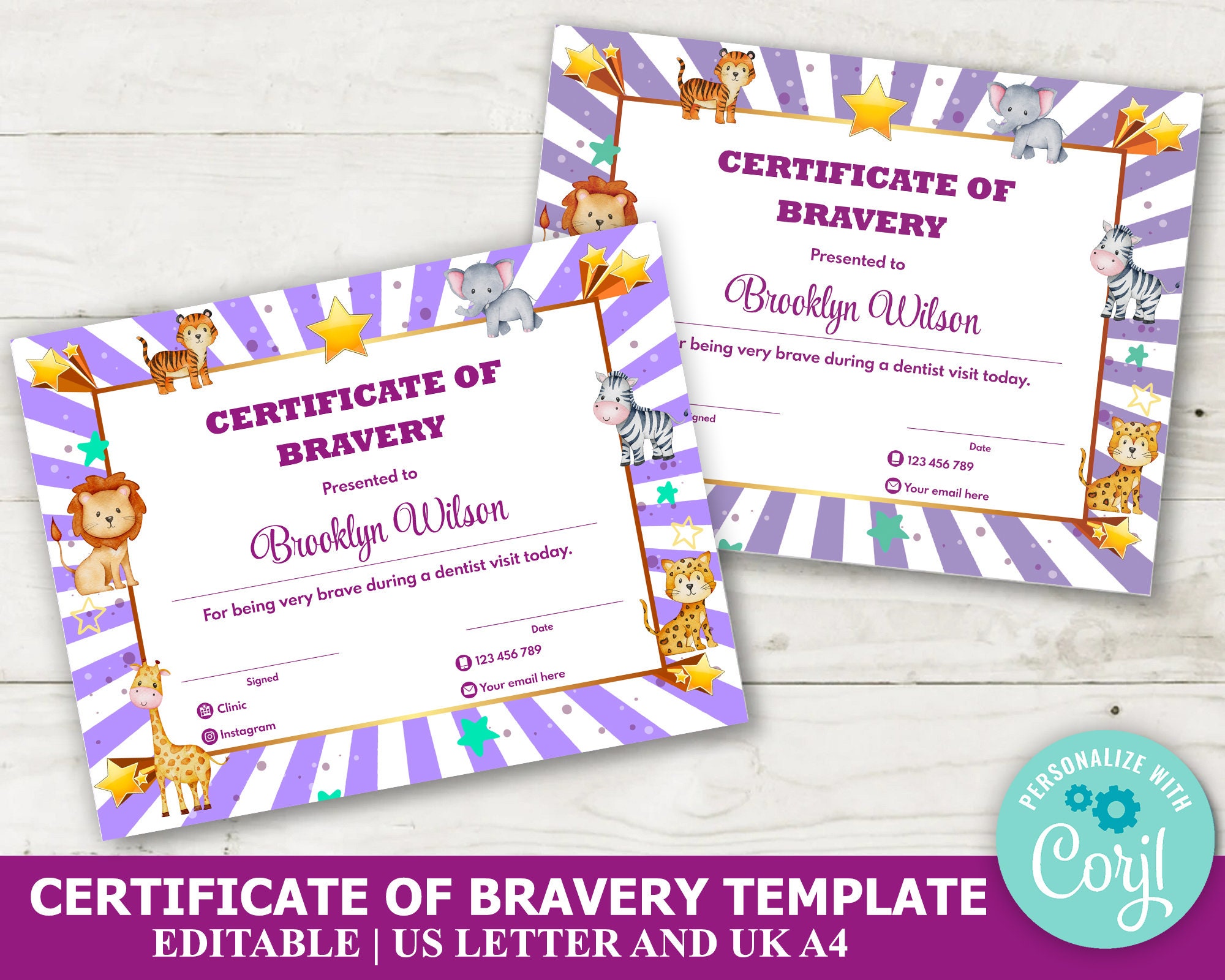 Editable Certificate of Bravery, Cute Animal Theme Printable Kids ...