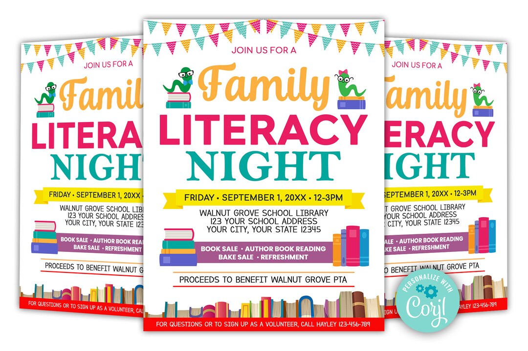 Editable Family Literacy Night Flyer, PTO PTA Reading Book Sale School ...