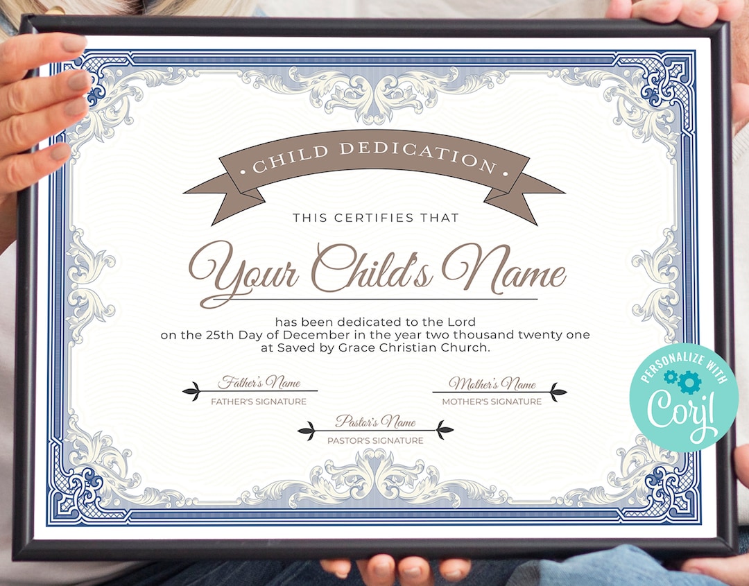 Child Dedication Certificate, Editable Blue & Brown Baby Dedication ...