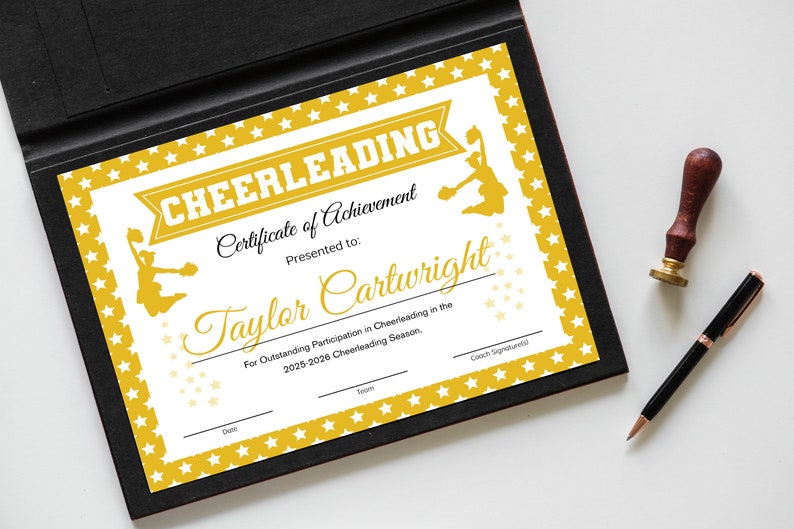 EDITABLE Cheerleader Certificate, Yellow Cheer Certificates Sports ...
