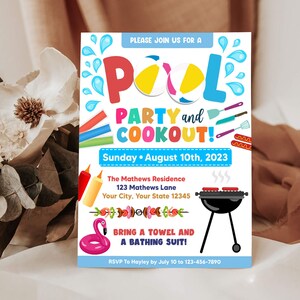 Editable Pool Party and BBQ Invitation, Summer Party Invite, Pool Party ...