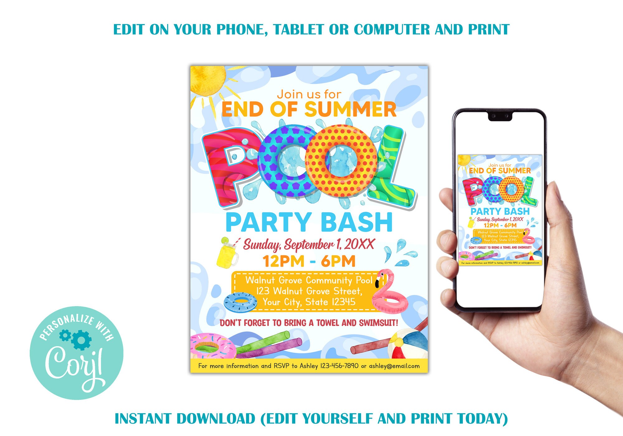 EDITABLE End of Summer Pool Party Invitation, Back to School Pool Party ...