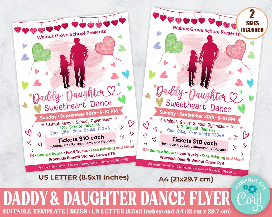Editable Daddy Daughter Dance Flyer, PTO PTA School Flyer, Father and ...